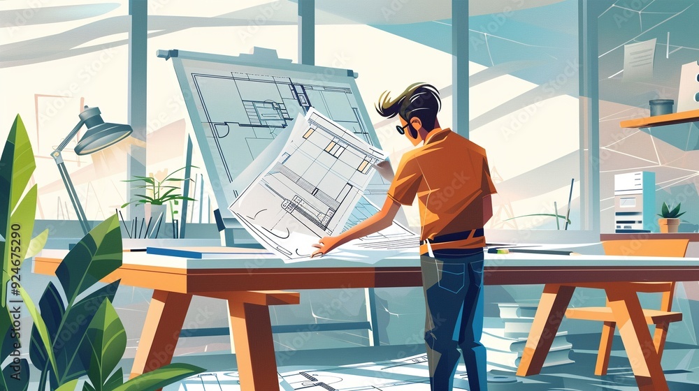 Architectural drafter designing plans clipart, flat vector art ...