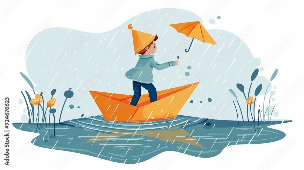 Child sailing a paper boat in puddle, rain boots on, whimsical, vector ...