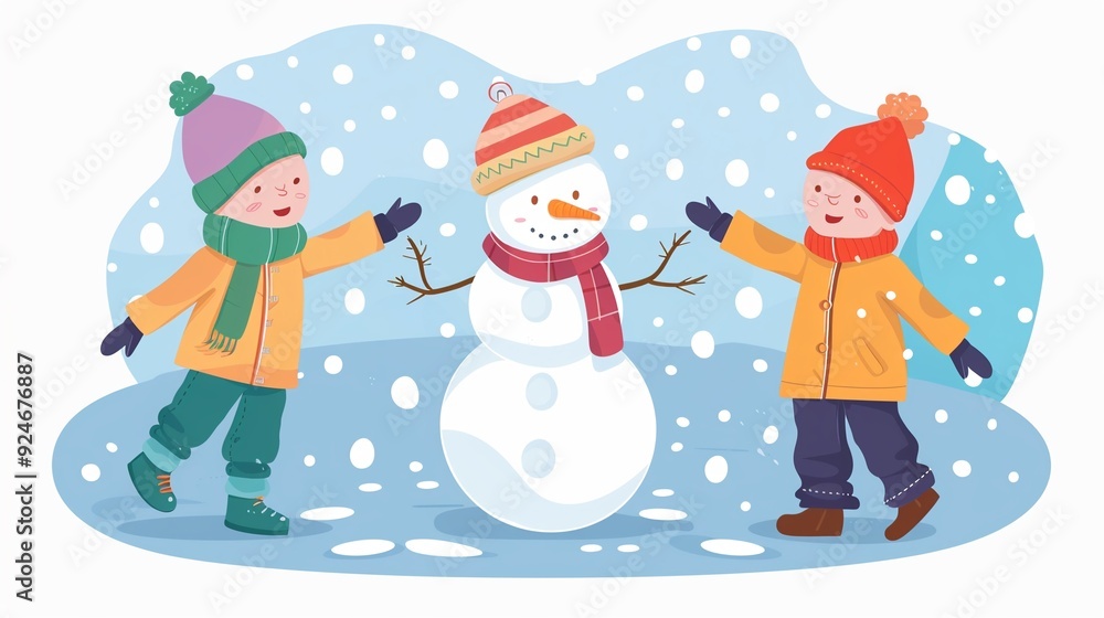 Children building a snowman clipart, flat vector art, winter fun ...