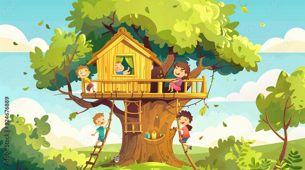 Children playing in a treehouse clipart, flat vector art, adventure ...