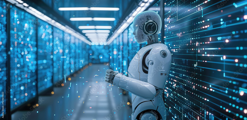 Advanced humanoid robot standing in futuristic data center with glowing ...