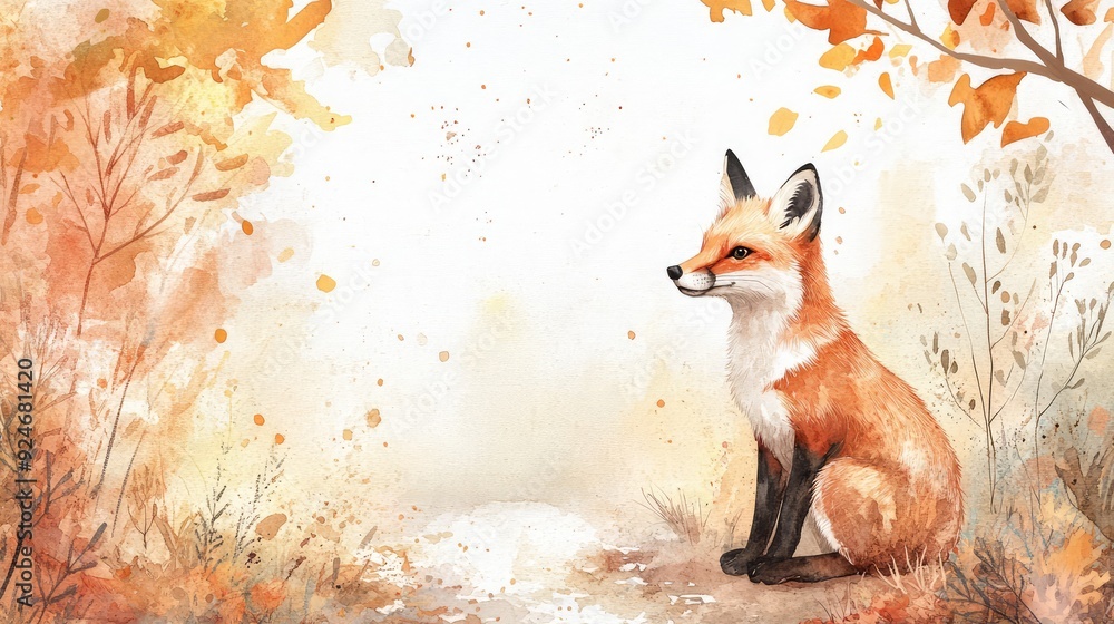 Watercolor fox sitting on nature trail in fall season. The generation ...