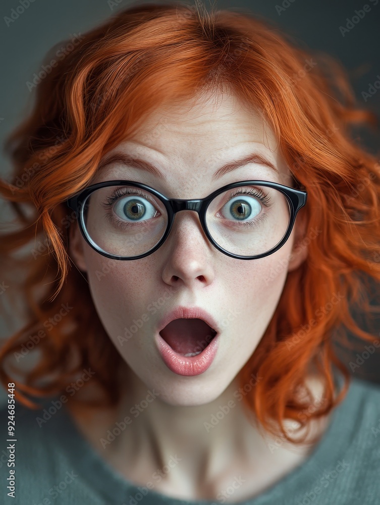 A young woman with red hair and glasses is staring at the camera with a ...