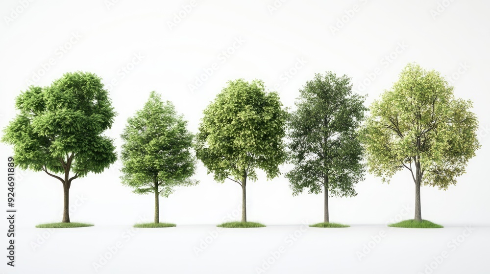 Five Different Trees in a Row on White Background Showcasing Various ...