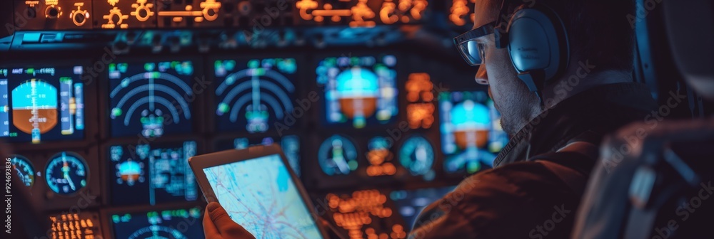 Pilot using a tablet displaying a digital map, in a well-lit modern ...