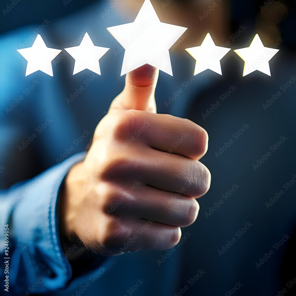 thumbs-up icon with a five-star rating to the right, conveying ...