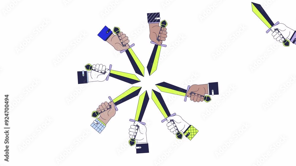 Corporate teamwork line 2D animation. Suits hands holding swords in ...