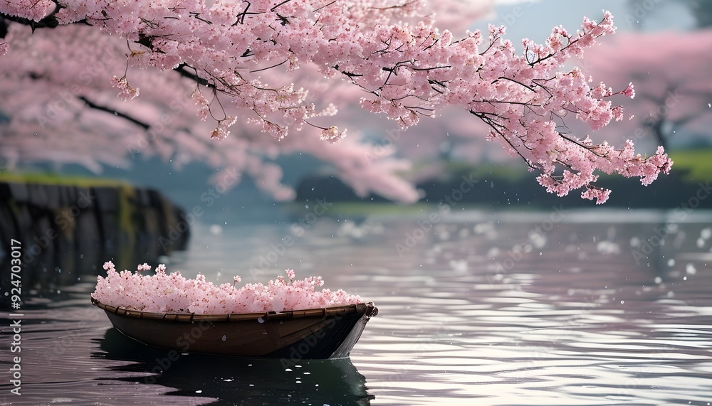 Pink cherry blossoms float on the water, with gorgeous cherry trees in ...