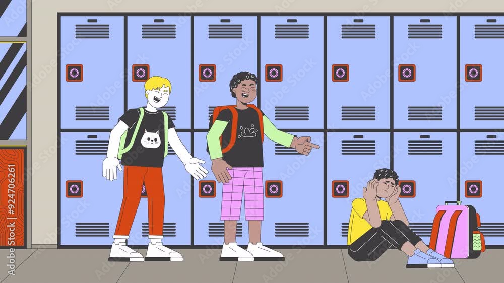 Bullying in elementary school cartoon animation. Diverse schoolboys ...