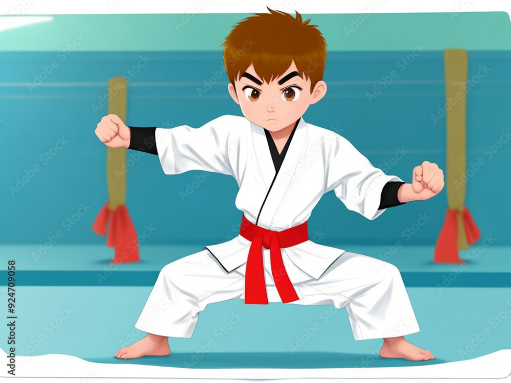 cartoon style young martial arts player boy in challenge pose for ...
