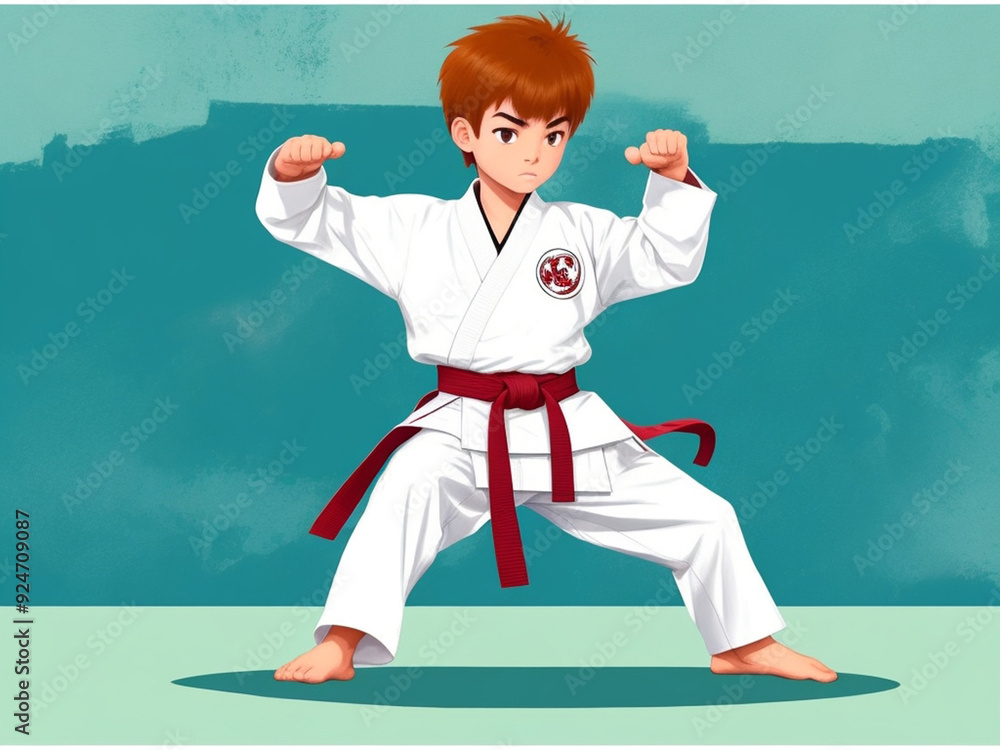 cartoon style young martial arts player boy in challenge pose for ...