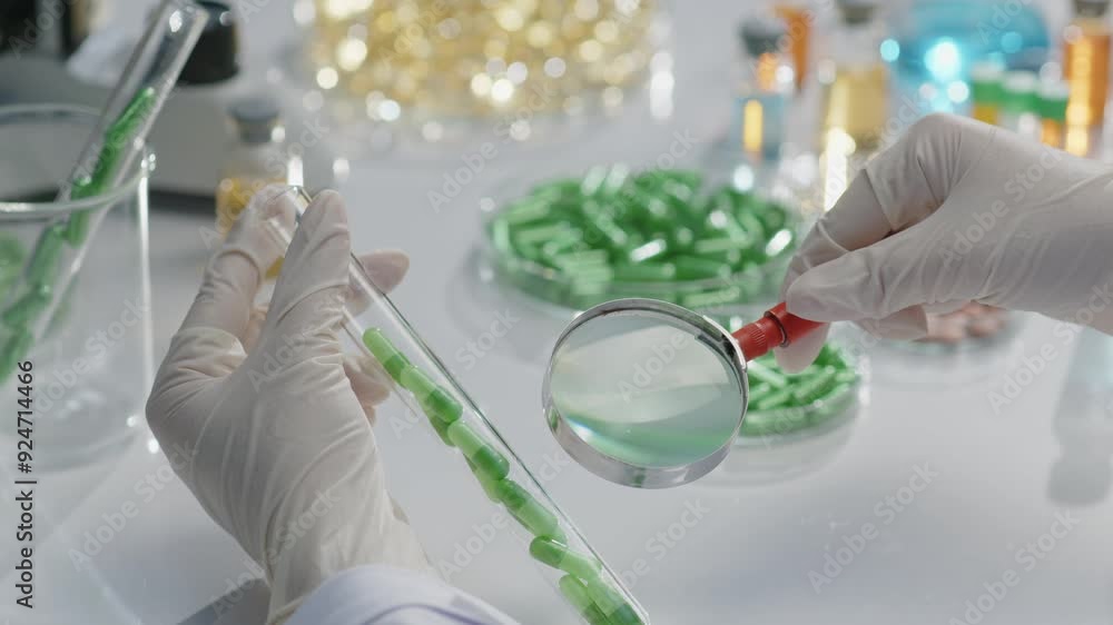 Experiment scene for medicine advertising video, a glass test tube full ...