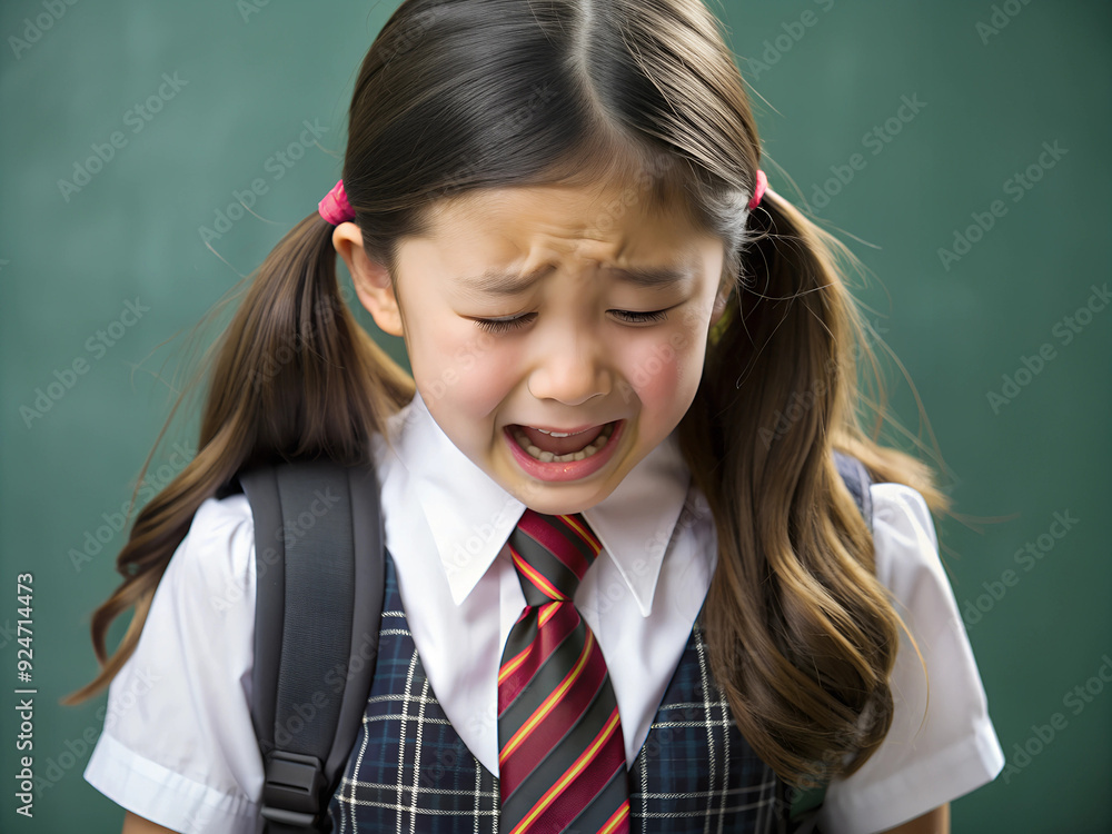 Portrait crying sad asian little girl in school uniform standing at ... Portrait crying sad asian little girl in school uniform standing at ...