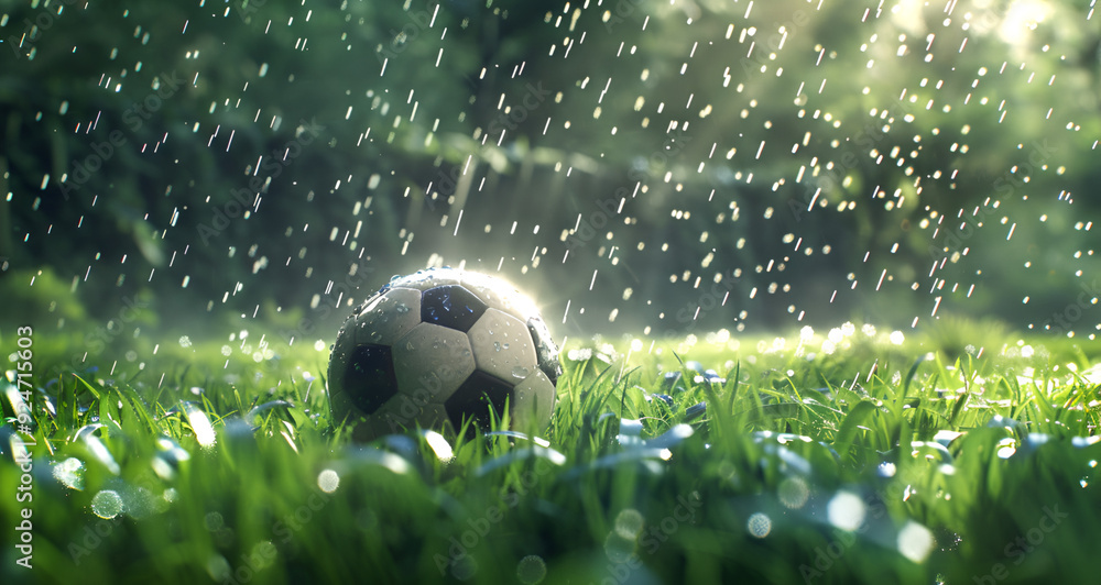 Soccer ball rolling on the playing field on a rainy night background ...