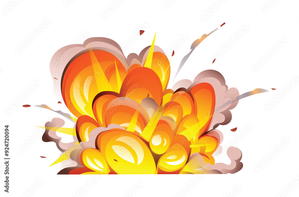 Bomb explosion with rounded flames, thick smoke, and particles. Vector ...