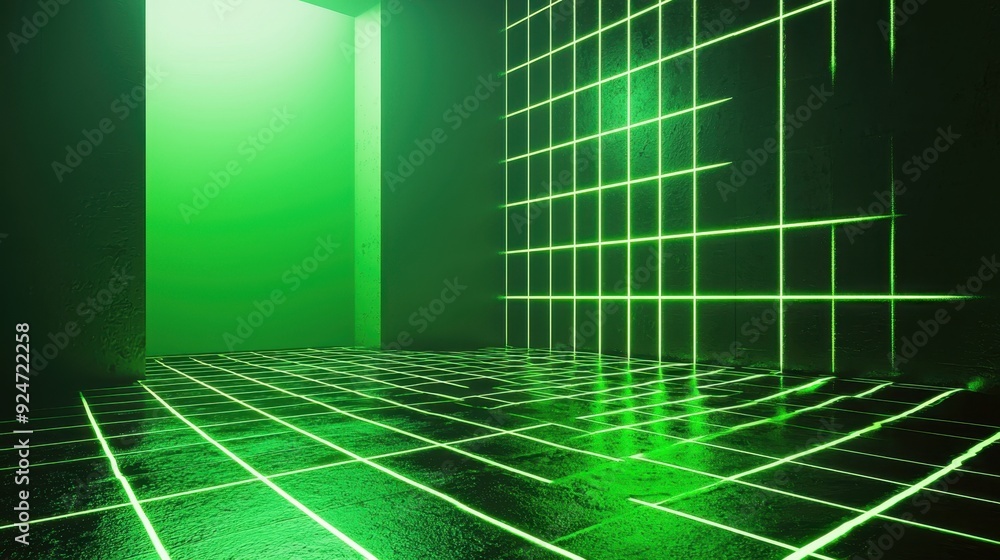 Neon Green Glowing Grid Display, an empty room corner featuring a ...