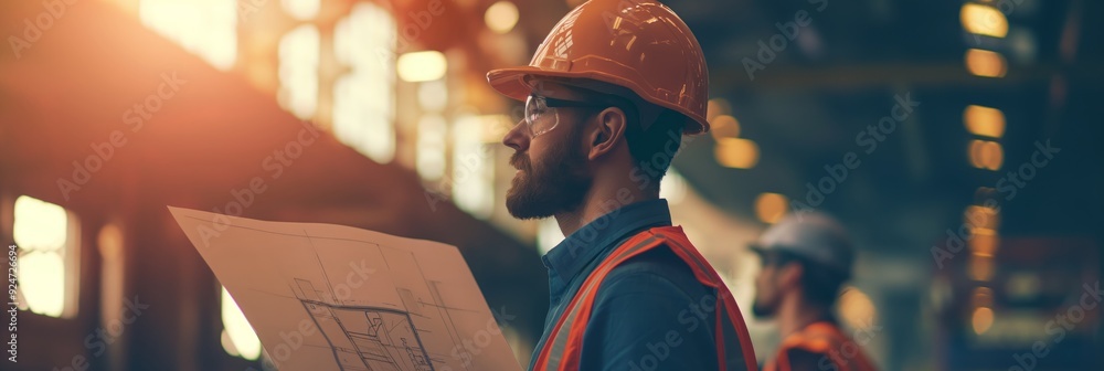 An engineer, donned in a safety vest and helmet, intensely examines ...