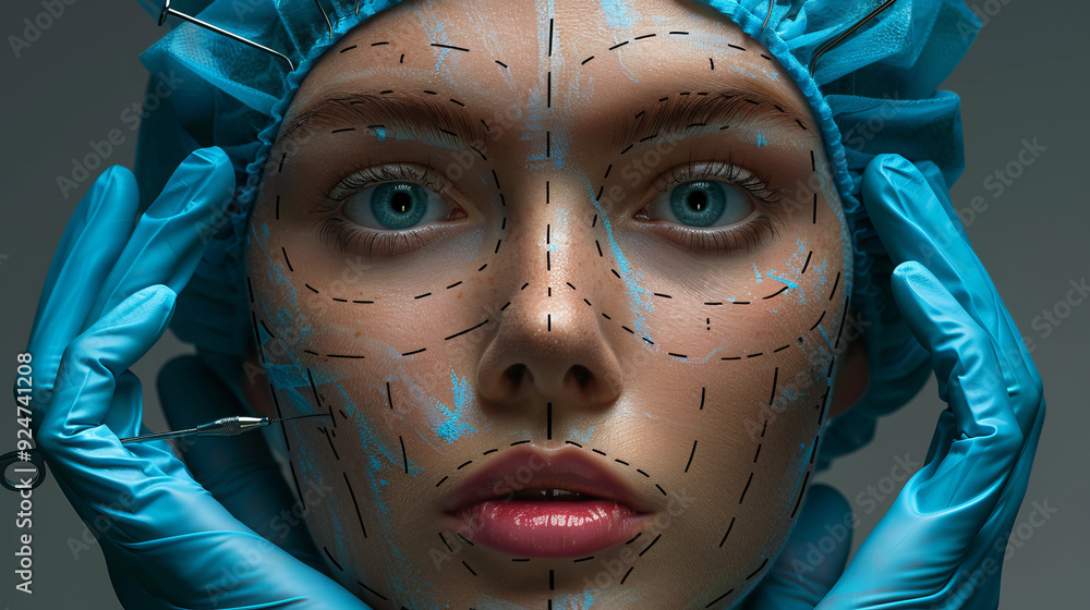 Face with surgical markings prepared for cosmetic surgery focused on ...