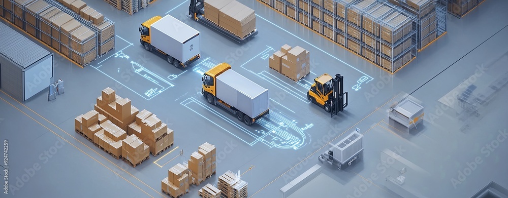 An illustration of a warehouse floor plan with highlighted routes of ...
