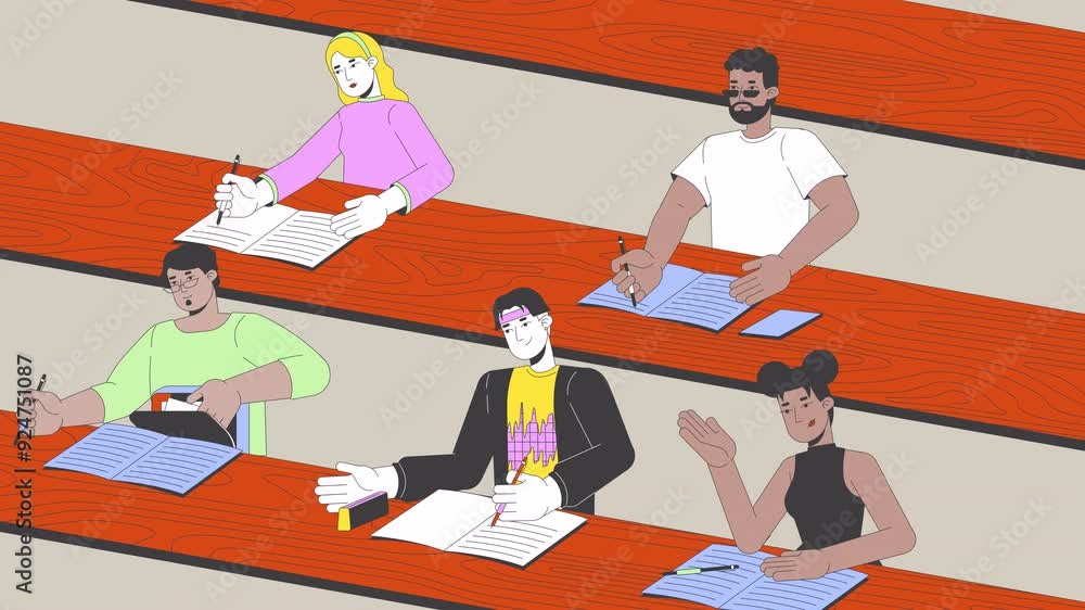 Lecture hall with students cartoon animation. University graduate ...