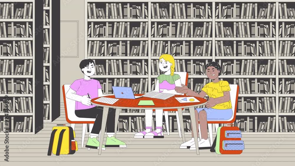 Elementary kids group assignment cartoon animation. Diverse schoolkids ...