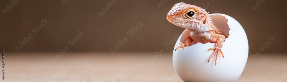 Baby lizard emerging from an egg, delicate scene with soft lighting ...
