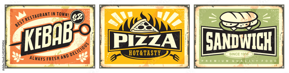 Vintage restaurant signs with kebab, pizza and sandwich meal. Retro ...