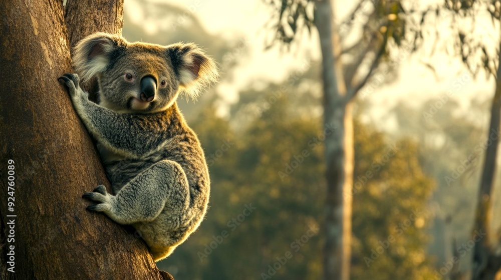A cute koala sits calmly on a tree branch. The sunlight filters through ...