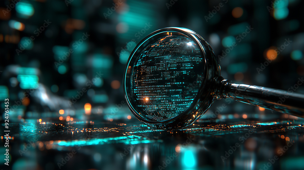 Magnifying glass highlighting digital code on a screen in a dark, high ...