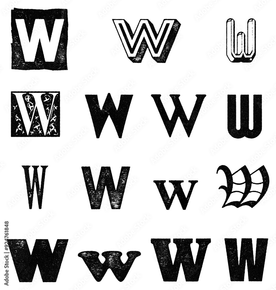 Letter W typography set of characters in various styles with distressed ...