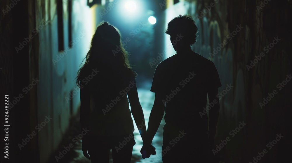 A couple walks hand in hand through a dimly lit alley. The silhouette captures a sense of ...