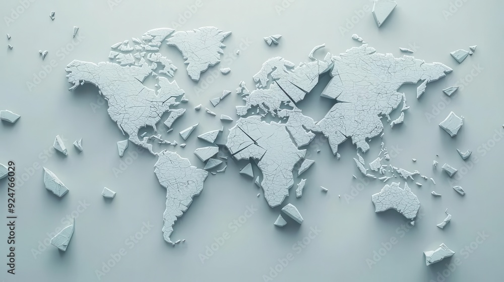 A world map shattered into pieces, each continent drifting in space ...