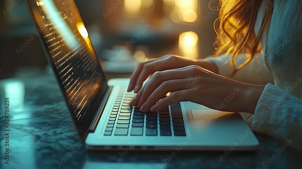 software developer typing on a keyboard, illuminated by code reflecting on the monitor. software ...