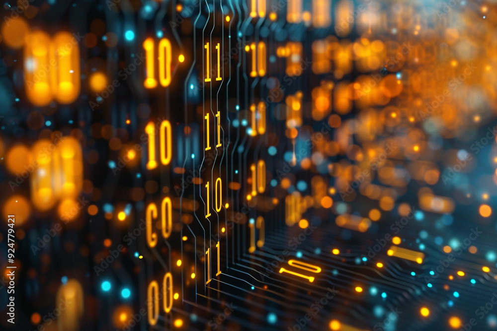 Digital binary code forms backdrop for abstract technology chip lines that ascend from bottom ...