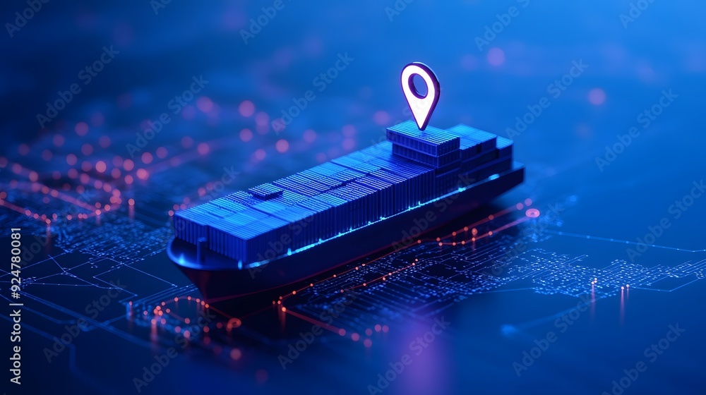 3D render of cargo ship with GPS location icon, representing logistics ...