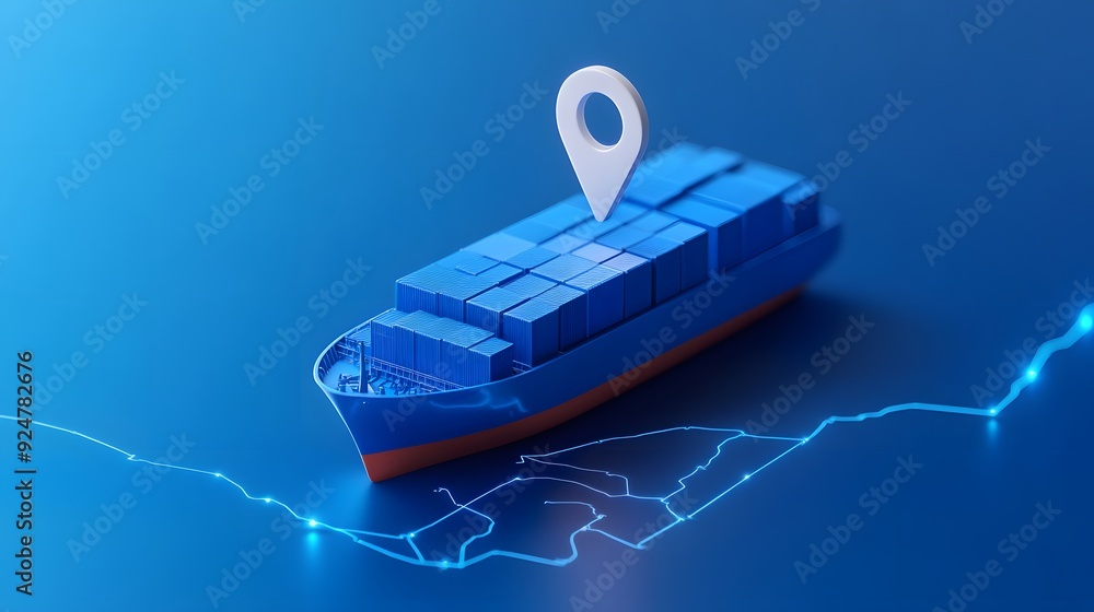 Blue cargo ship with location pin symbolizing global logistics and ...