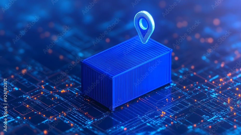 Blue digital shipping container with location pin on futuristic circuit ...