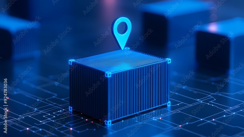 Blue shipping container with digital location pin on blue technological ...