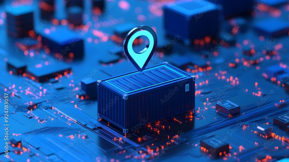 Blue shipping container with GPS location pin on digital circuit board ...