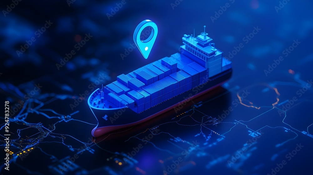 Cargo ship with a digital location pin against a global shipping map ...