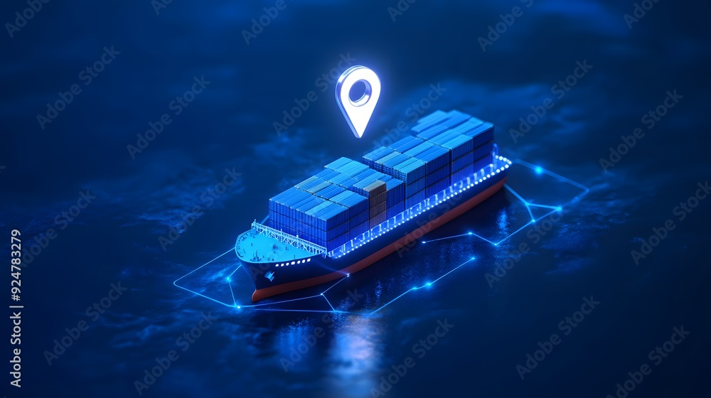 Cargo ship tracking at sea with futuristic digital overlay ...