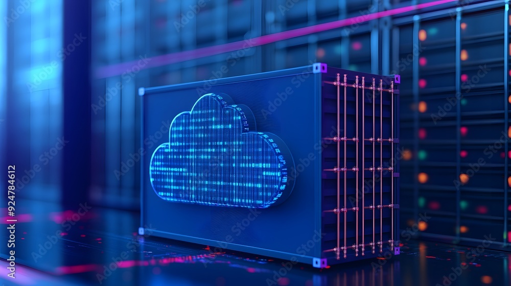Digital cloud storage symbol in a data center environment, representing ...