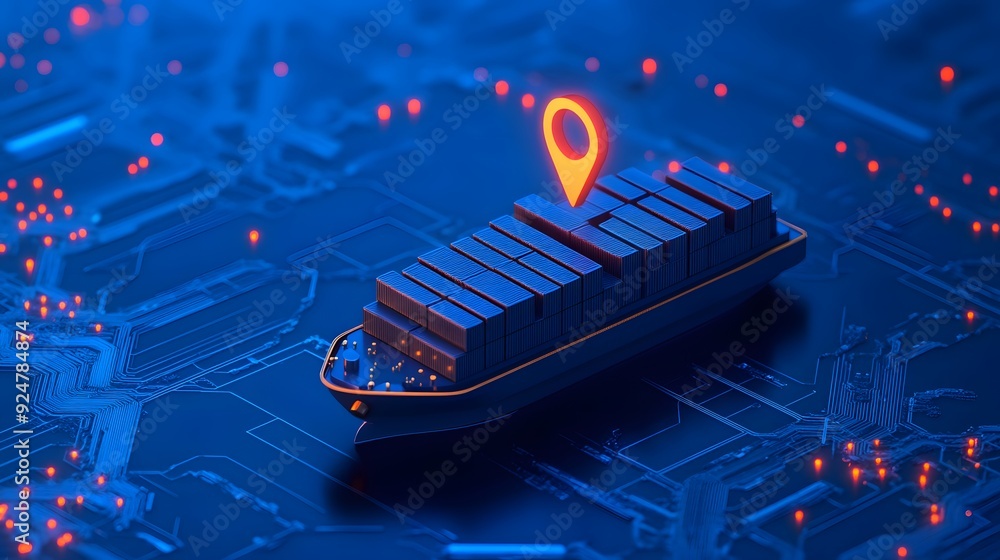 Digital concept of shipment tracking with a cargo ship and GPS location ...