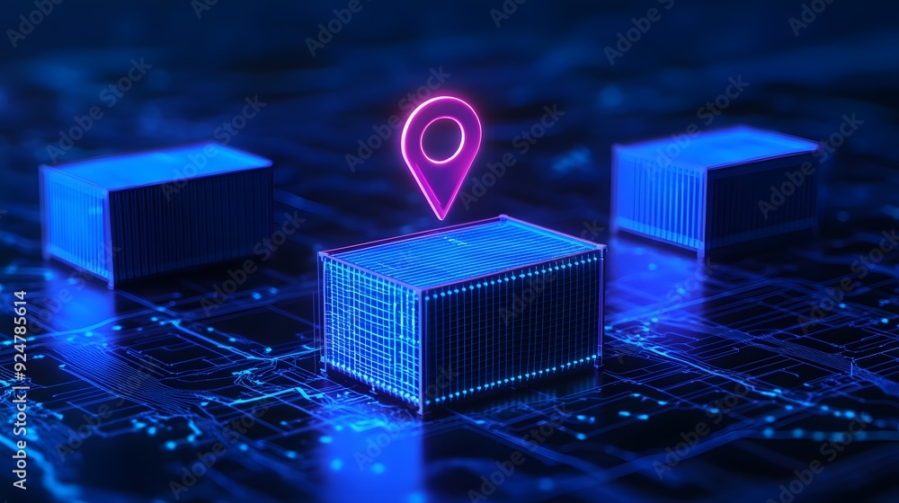 Digital illustration of cargo logistics with a neon GPS pin, signifying ...