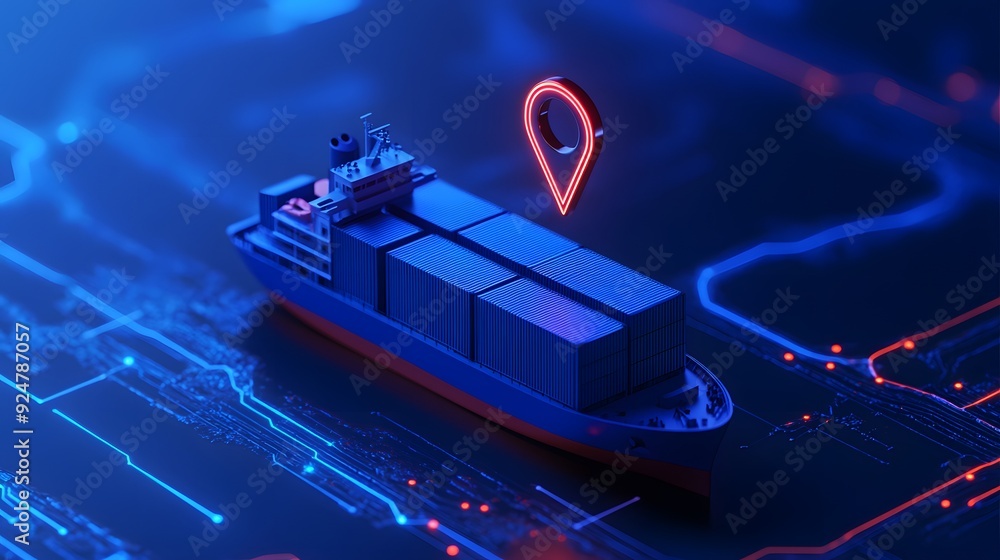 Digital representation of cargo ship and logistics GPS tracking on a ...