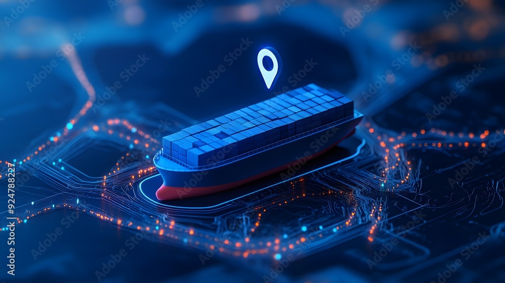 Digital visualization of cargo ship with location pin on futuristic map ...