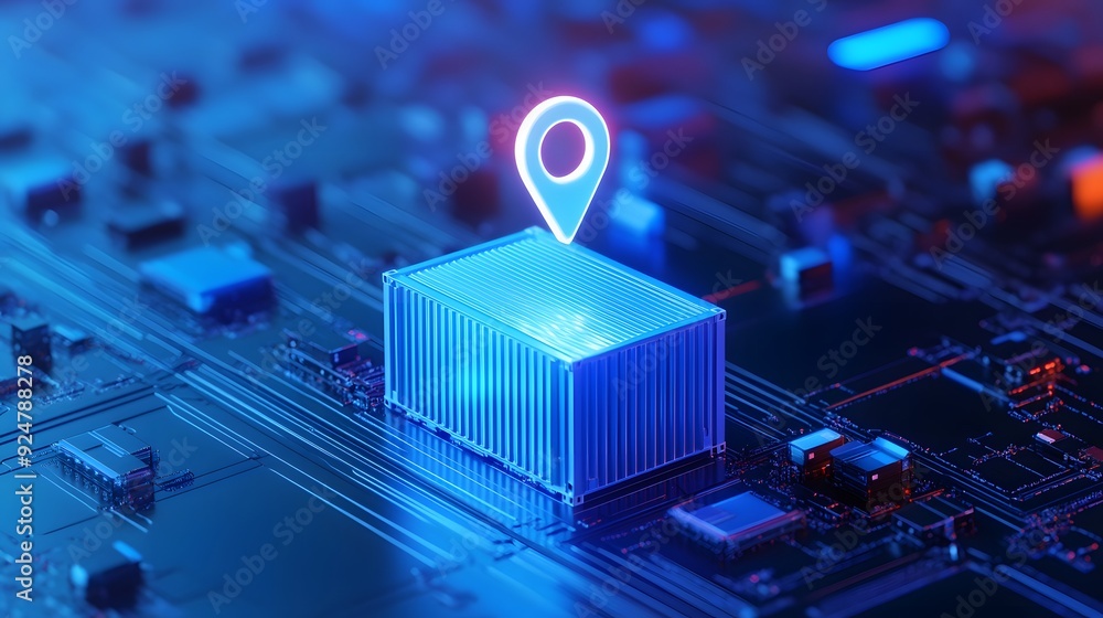 Digital visualization of data logistics with blue container, location ...