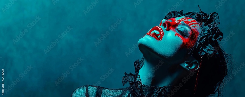 Female vampire with elegant attire, fangs bared, and a predatory ...