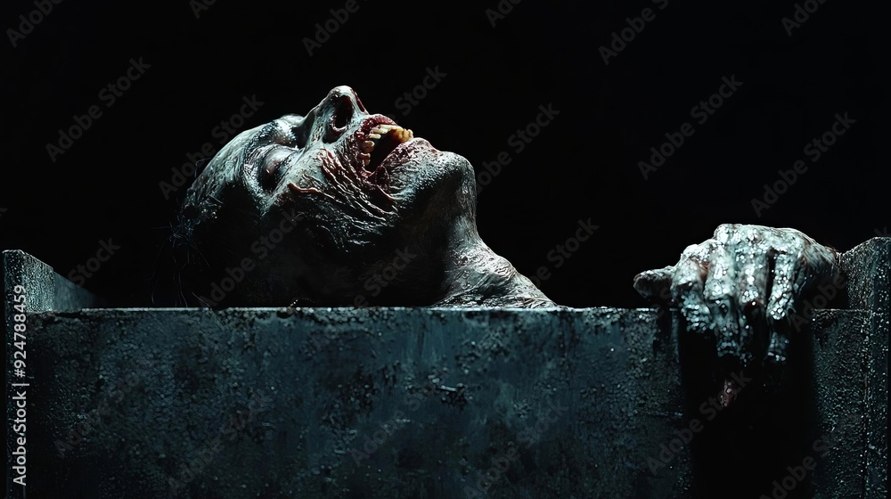 Ancient vampire with decaying skin and fangs, emerging from a coffin ...