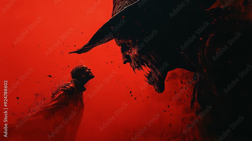 Vampire hunter facing a monstrous vampire with oversized fangs, intense ...